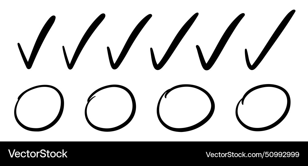 Hand-drawn check marks and circles set Royalty Free Vector