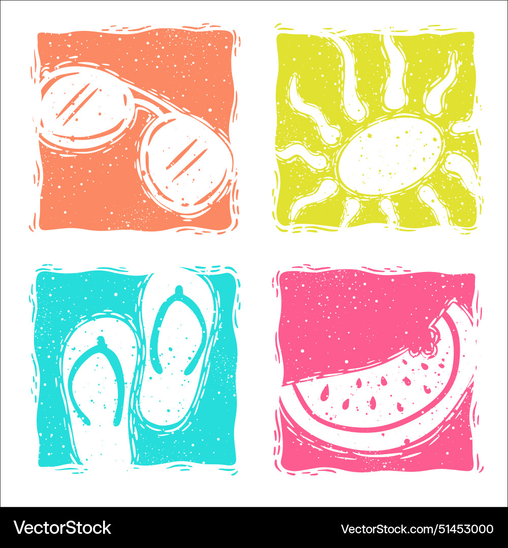 Linocut style summer elements set Royalty Free Vector Image