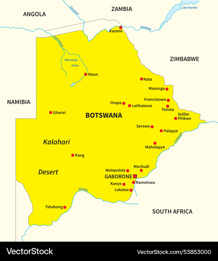 Simple yellow overview map of botswana Royalty Free Vector