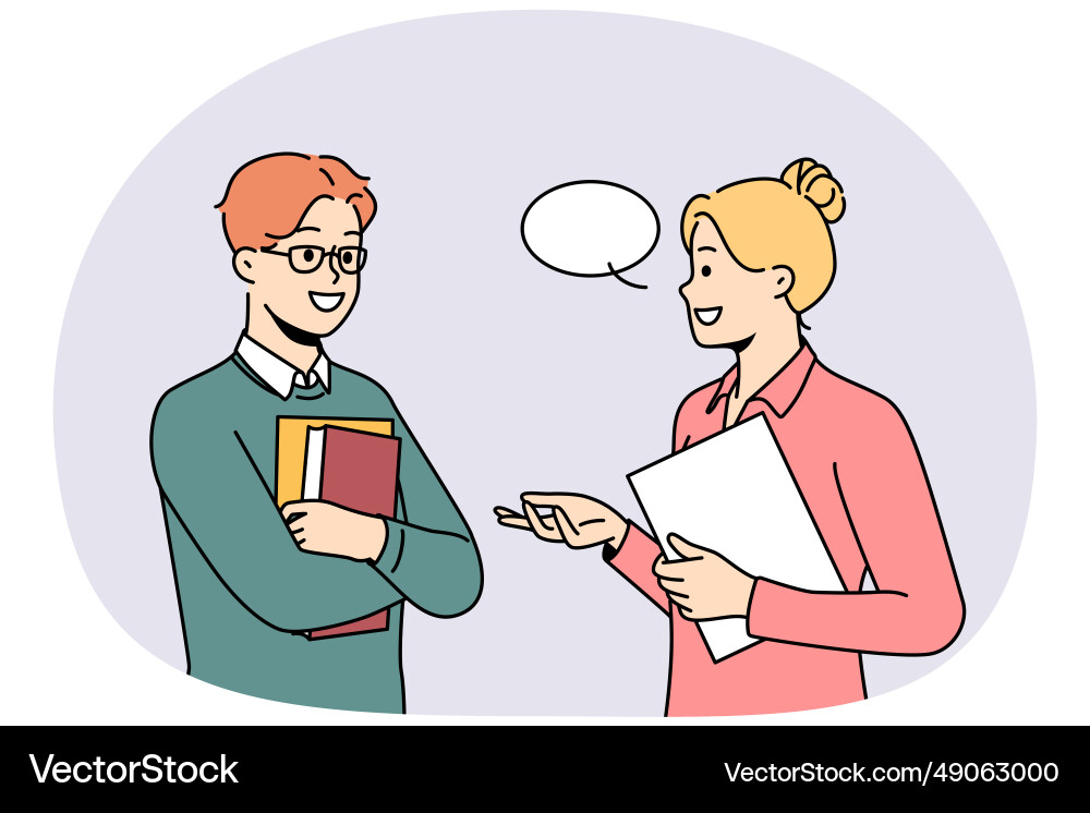 Smiling colleagues talk discuss ideas Royalty Free Vector