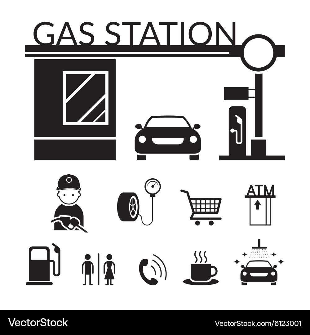 Gas station and service objects icons set Vector Image