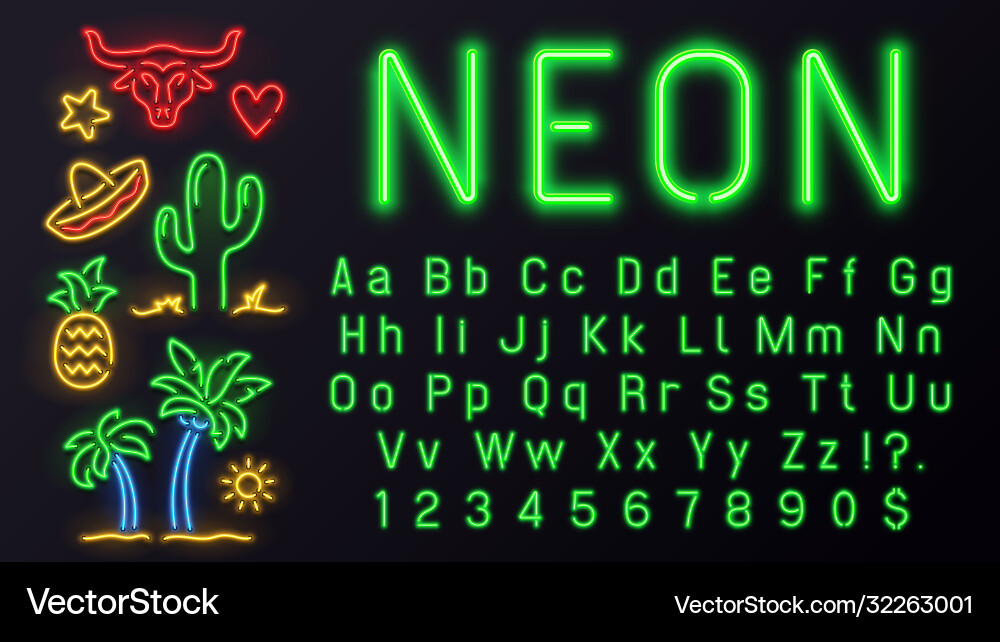 Neon Schriftart mit Zeichen Alphabet für Nacht Vektorbild