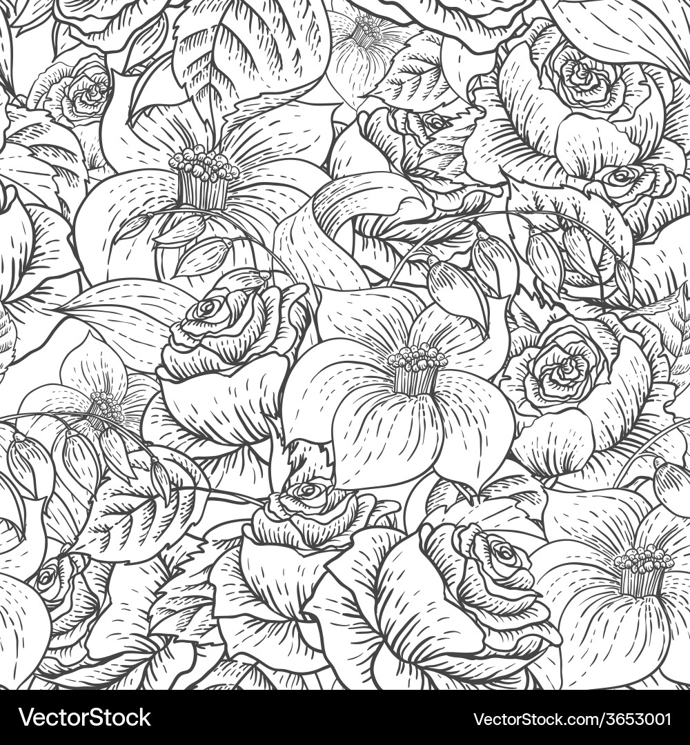 Seamless monochrome floral pattern with roses Vector Image