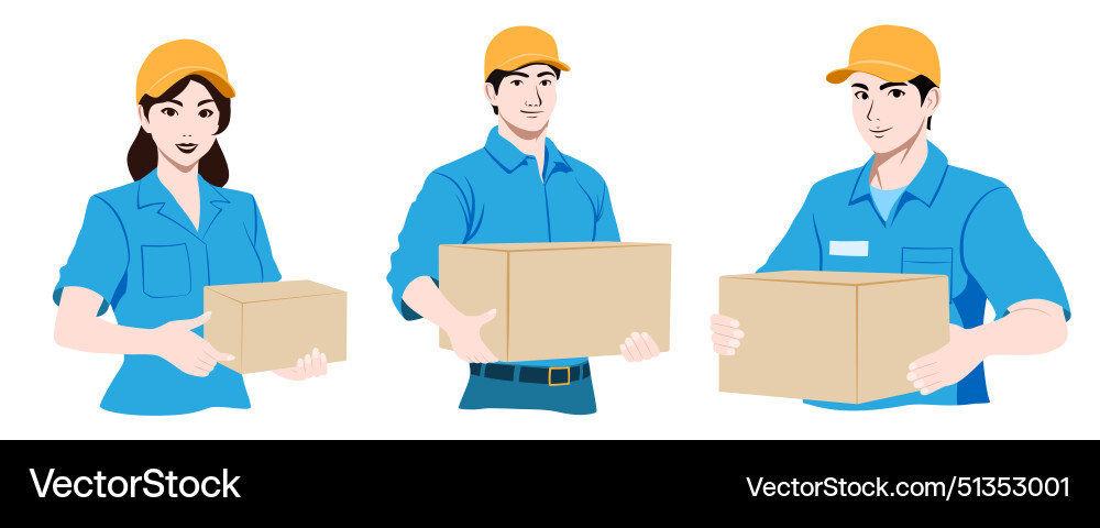 Set of couriers holding boxes Royalty Free Vector Image