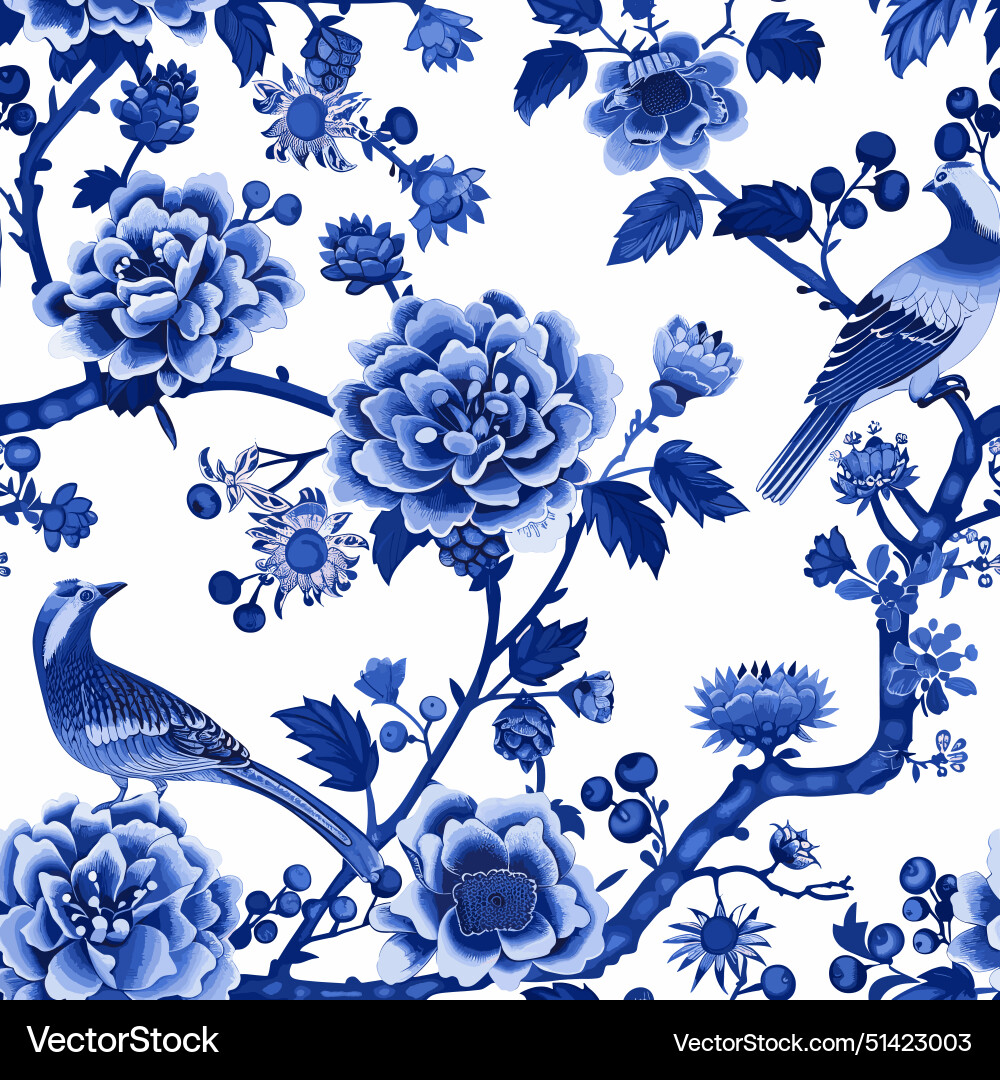 Chinese Chinoiserie Blue Floral Pattern Royalty Free Vector