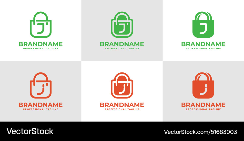 Letter j shopping bag logo set crafted Royalty Free Vector