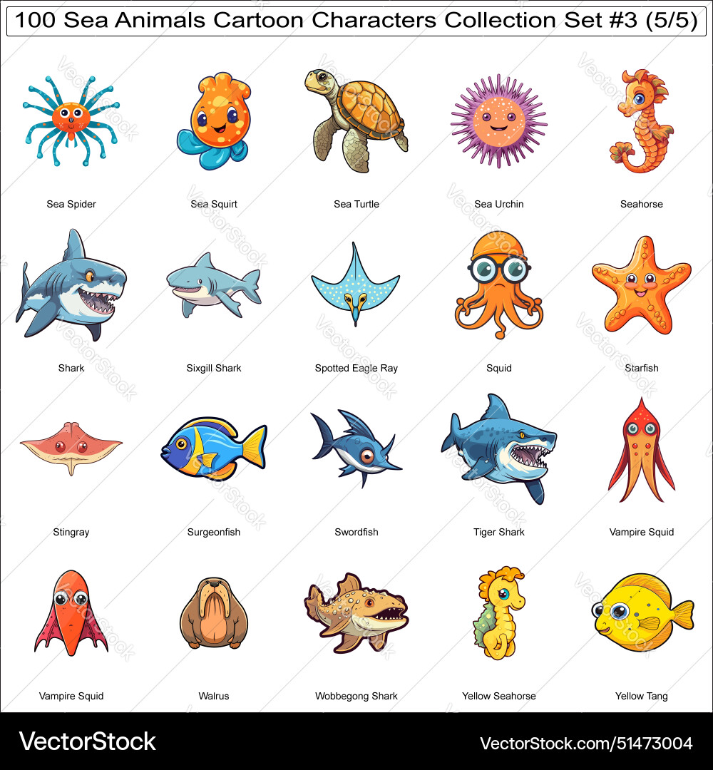 100 sea animals cartoon characters collection set Vector Image