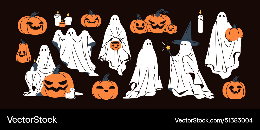 Halloween ghosts and pumpkins set boo characters Vector Image