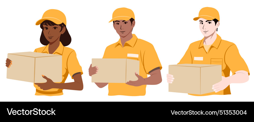 Set of couriers holding boxes Royalty Free Vector Image