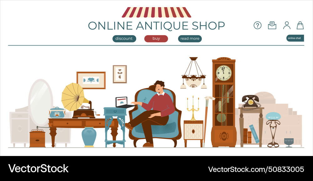 Antique shop flat banner Royalty Free Vector Image