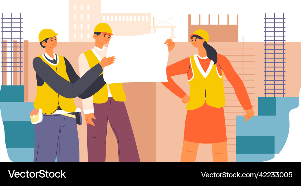 Engineers builders on construction site working Vector Image