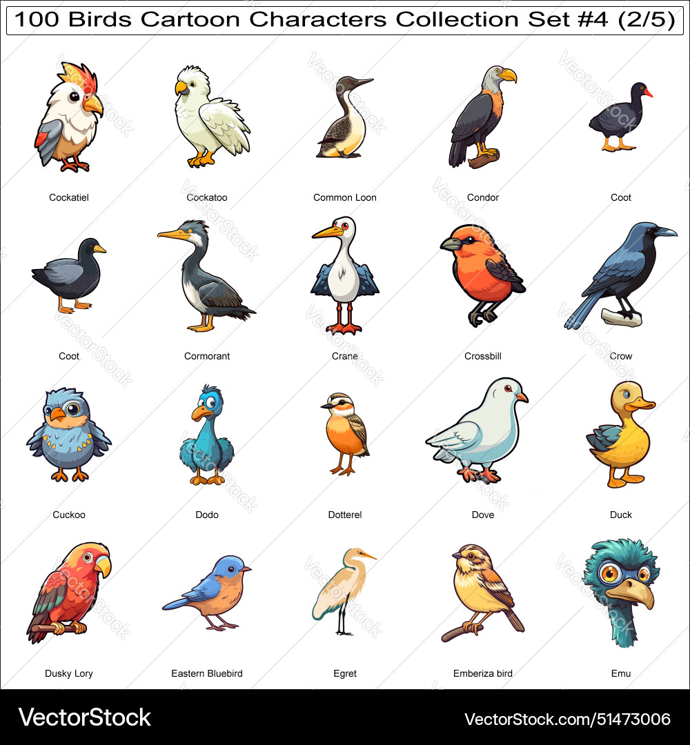 100 birds cartoon characters collection set 4 25 Vector Image