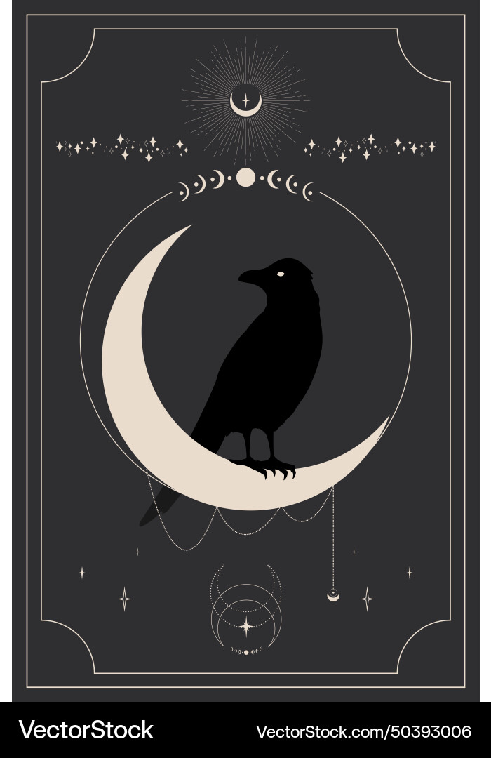 Tarot card with a black crow sitting Royalty Free Vector