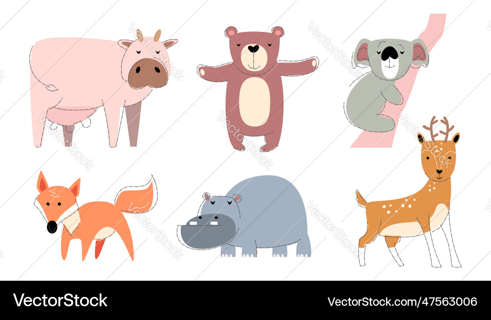 Wildlife animals set 3 flat shape and pencil Vector Image