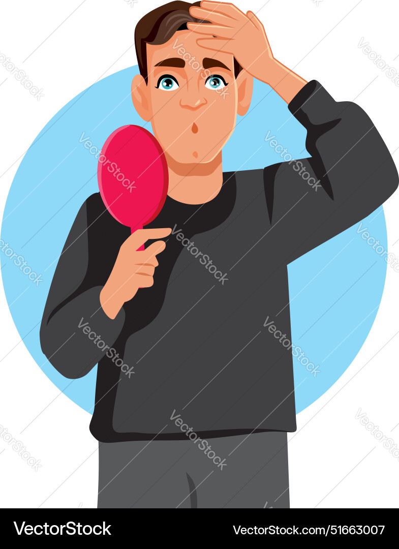 Insecure man checking his hairline in the mirror Vector Image