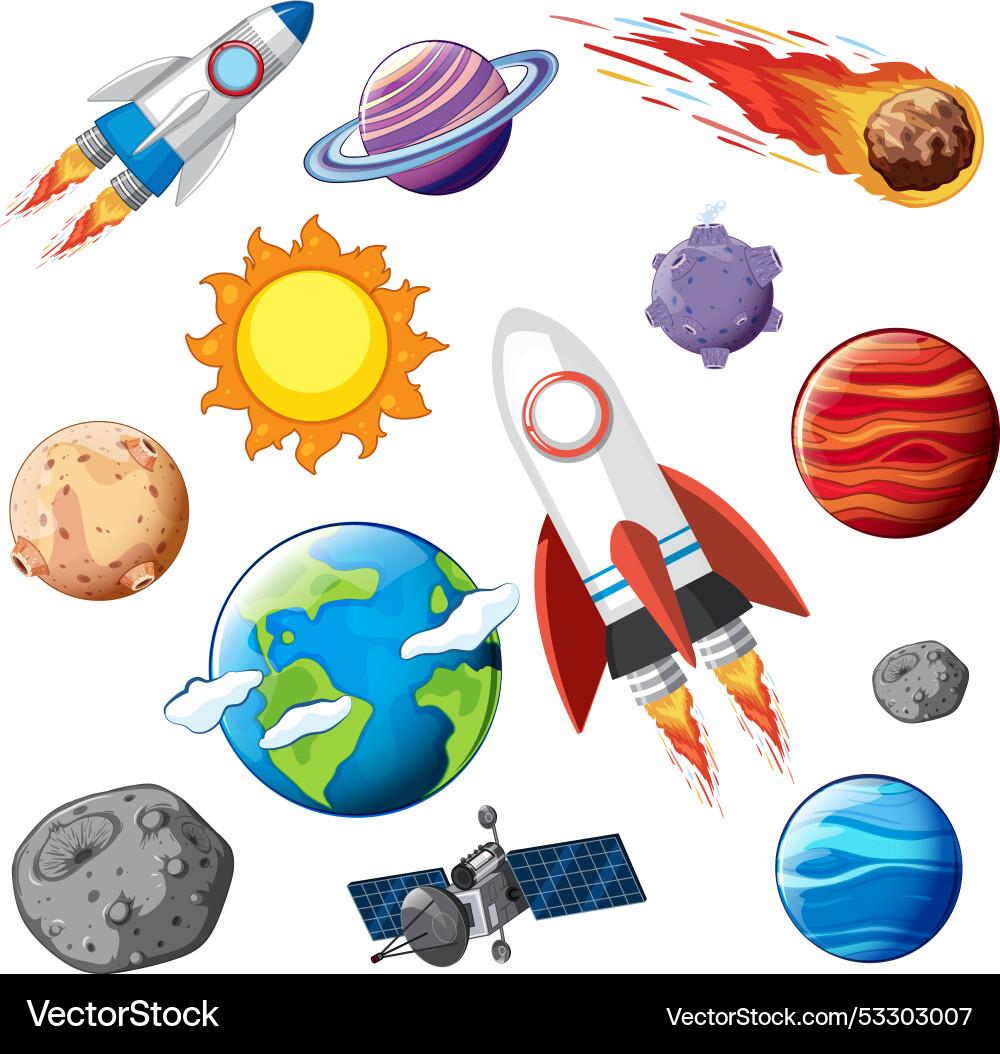 Rockets planets and asteroids in space Royalty Free Vector