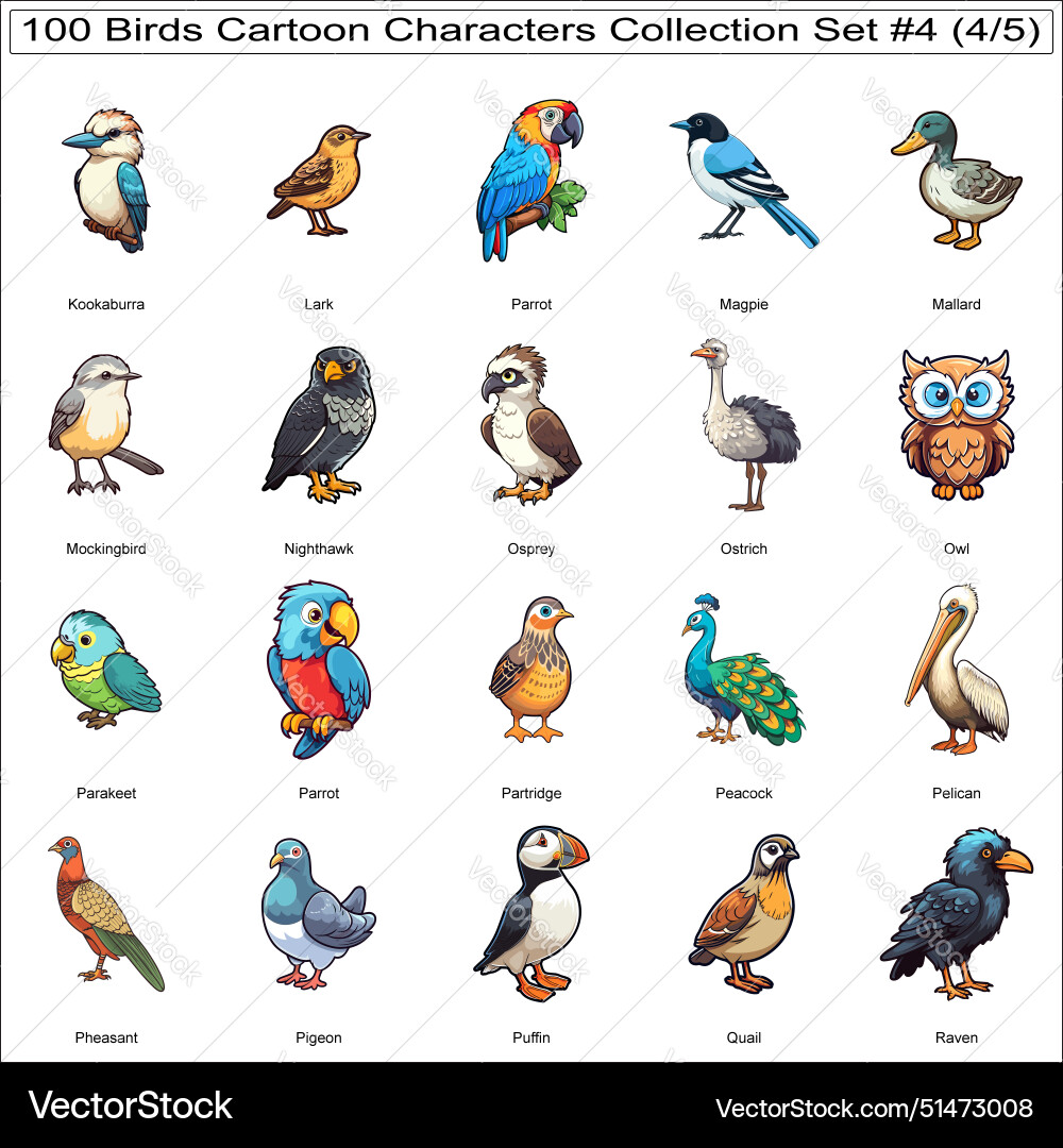 100 birds cartoon characters collection set 4 45 Vector Image