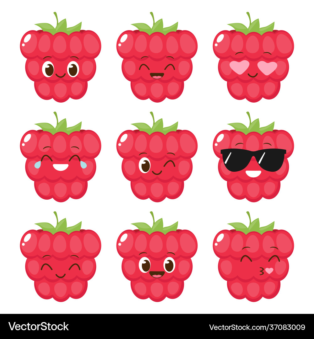 Cute happy red raspberry character set Royalty Free Vector