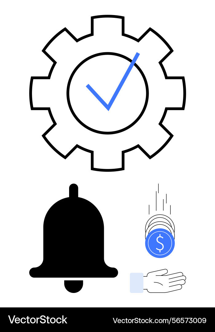 Gear with check mark notification bell and coins Vector Image