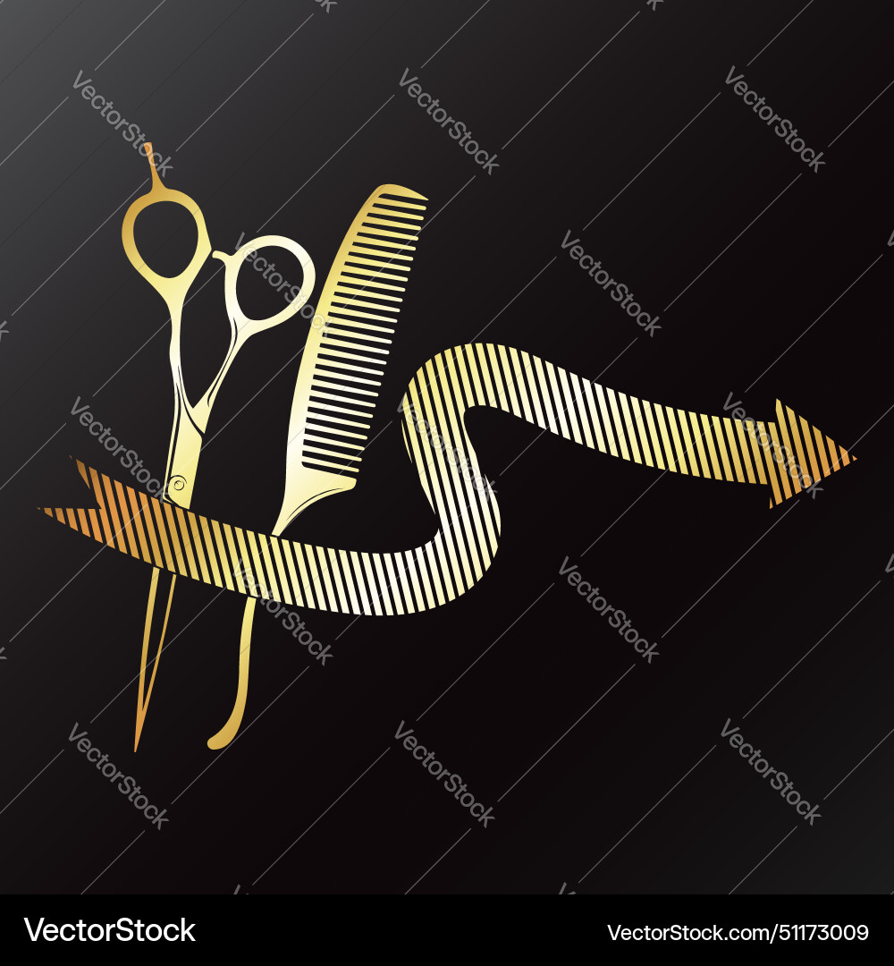 Golden scissors comb and arrow pointer beauty Vector Image