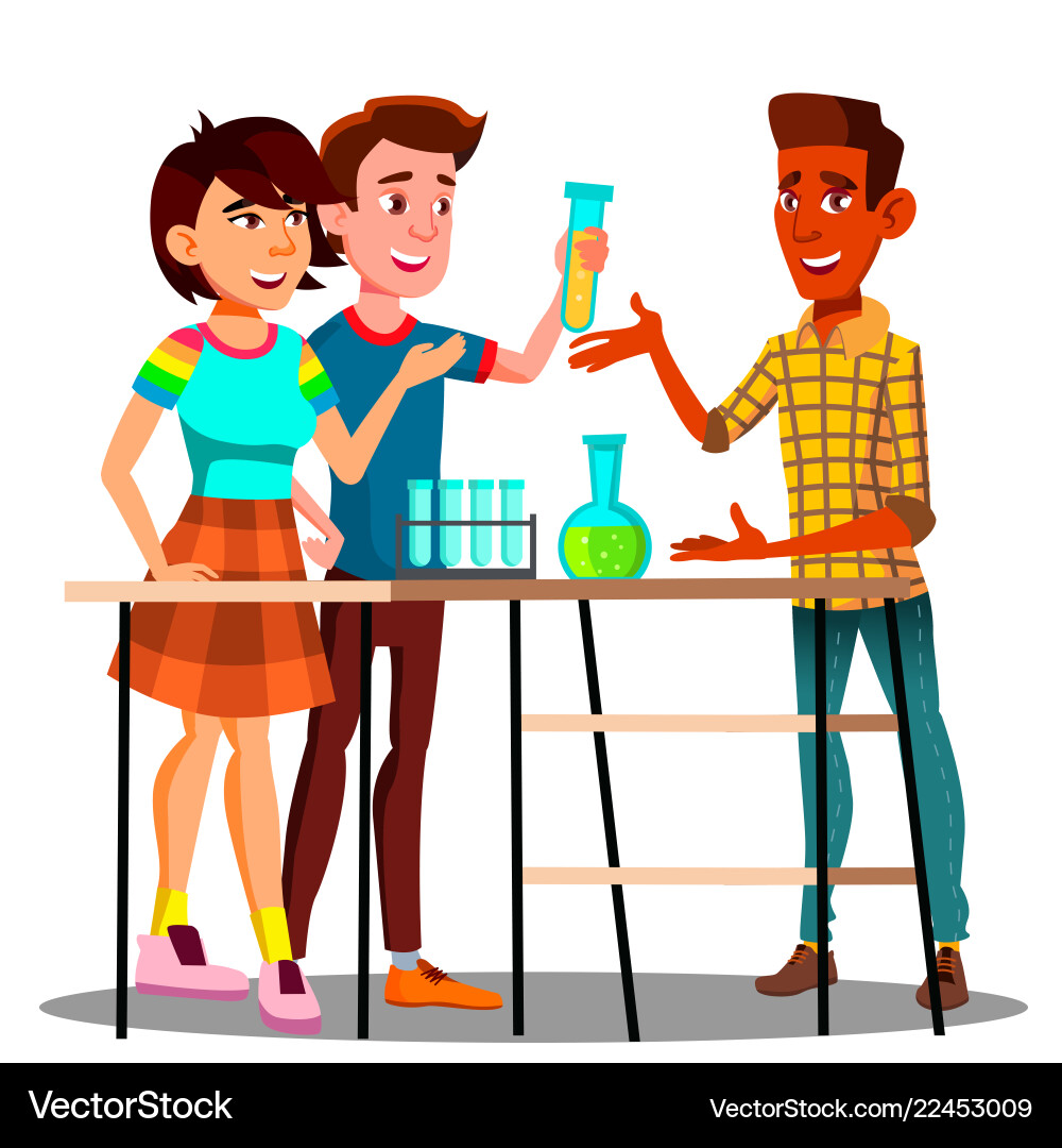 Group of students standing at table with flasks Vector Image