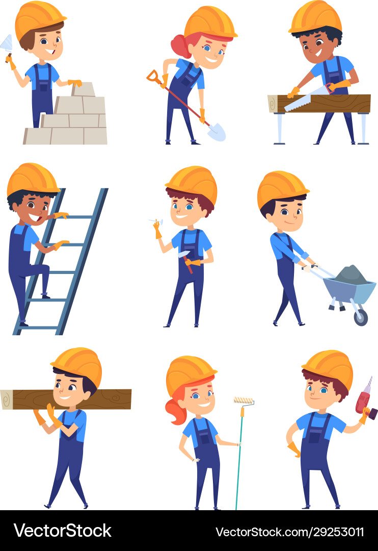 Children builders little working characters Vector Image