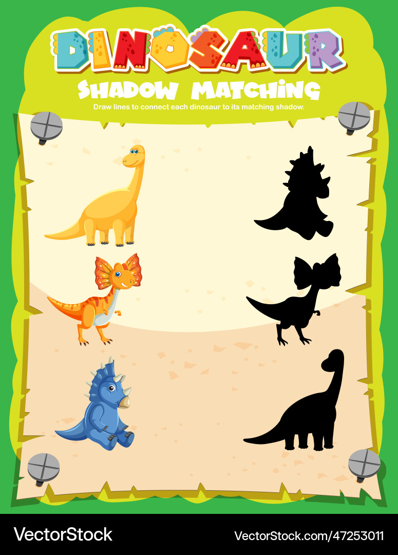 Dinosaur shadow matching game template Royalty Free Vector