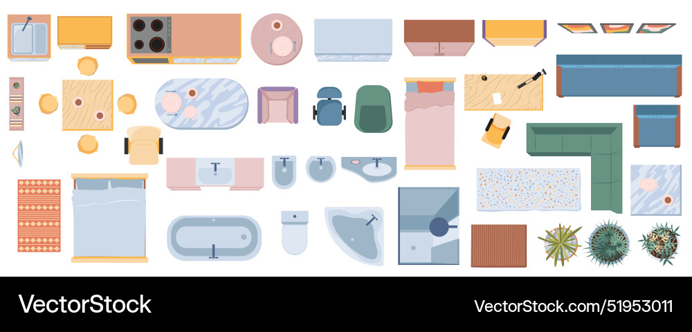 Furniture in top view mega set flat graphic Vector Image
