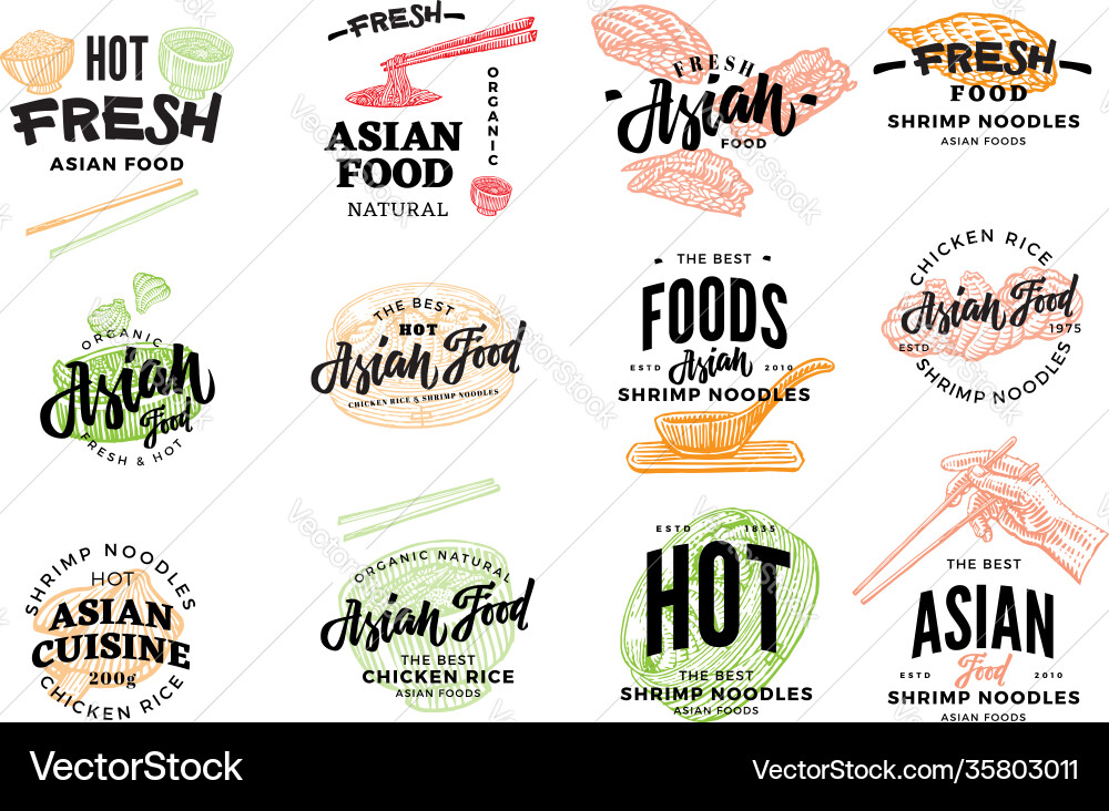 Hand drawn asian food logotypes Royalty Free Vector Image
