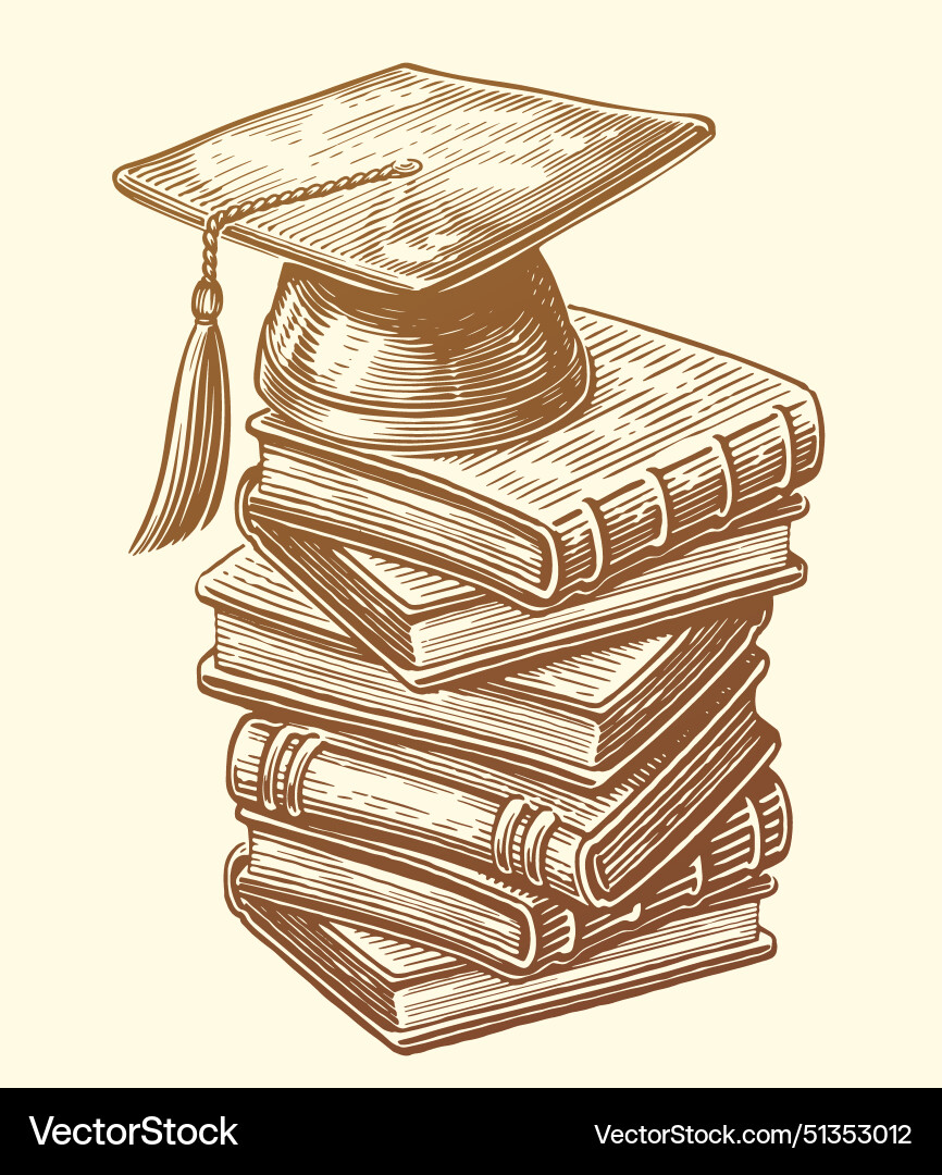 Stack of books and graduate cap Royalty Free Vector Image