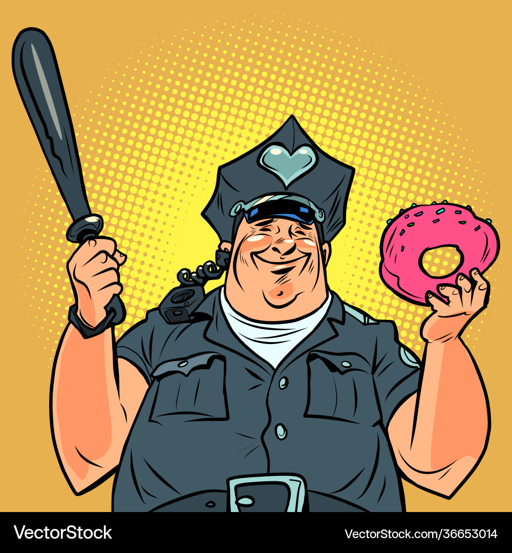 Fat cop with a doughnut Royalty Free Vector Image