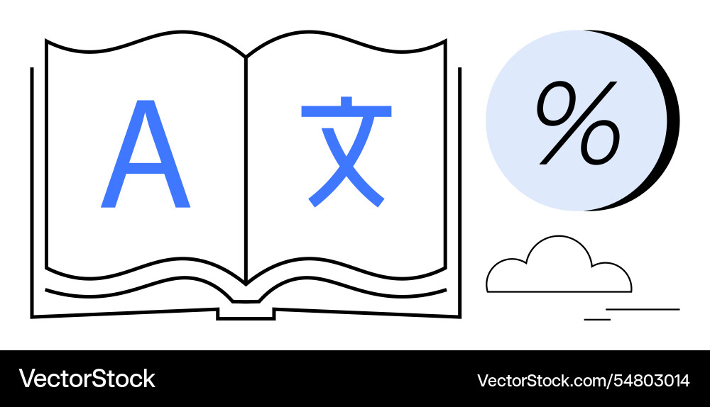 Open book with multilingual text and percentage Vector Image