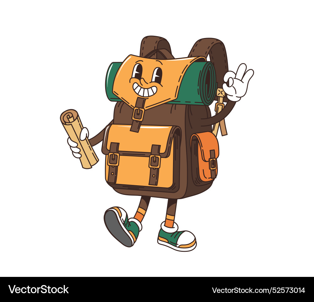 Retro cartoon groovy travel backpack character Vector Image