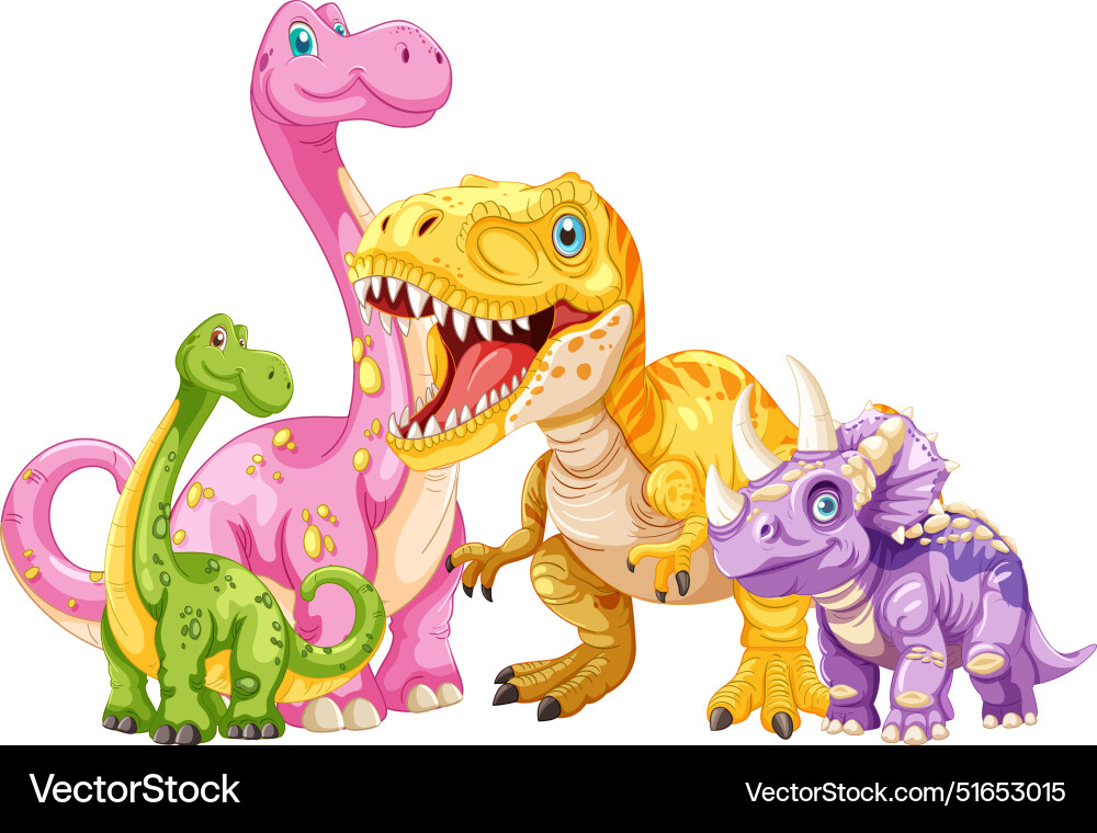 Four vibrant dinosaurs in a playful scene Vector Image