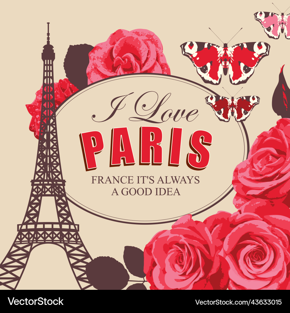 Paris banner with eiffel tower roses butterflies Vector Image