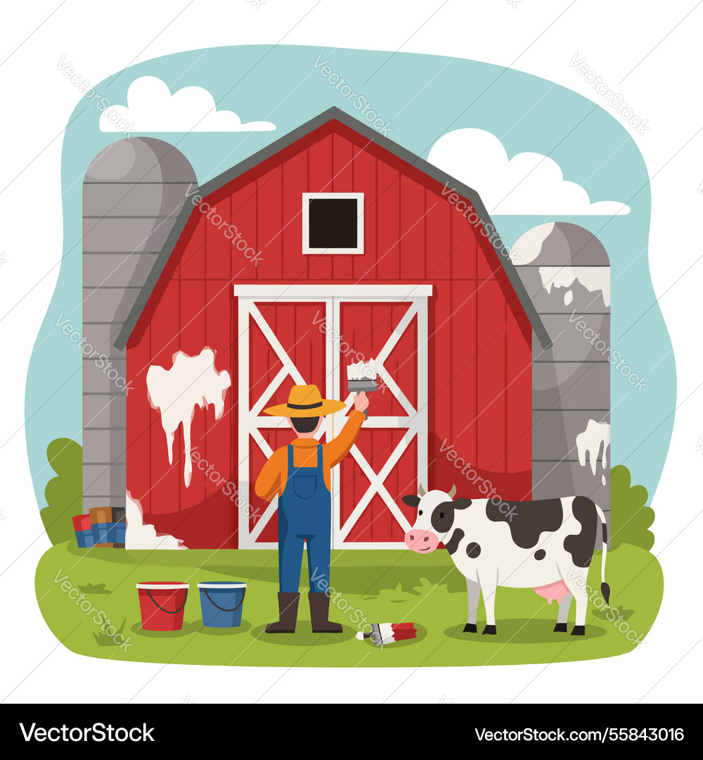 Farmer painting red barn with cow standing – Royalty-Free Vector ...