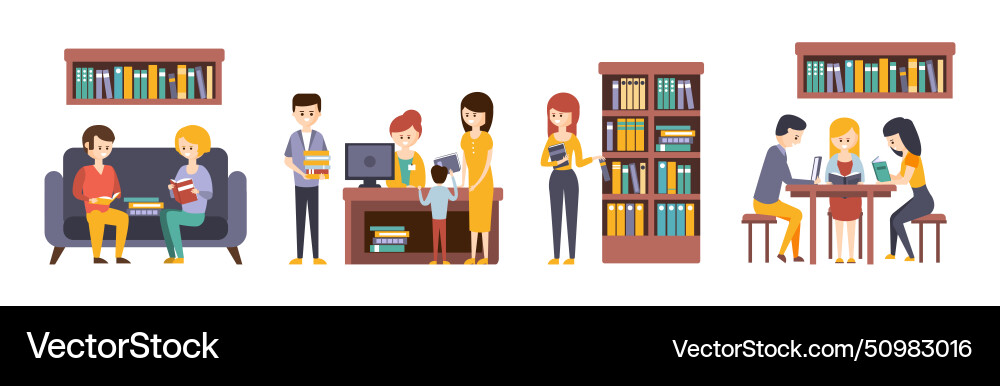 Library and bookstore with people character Vector Image