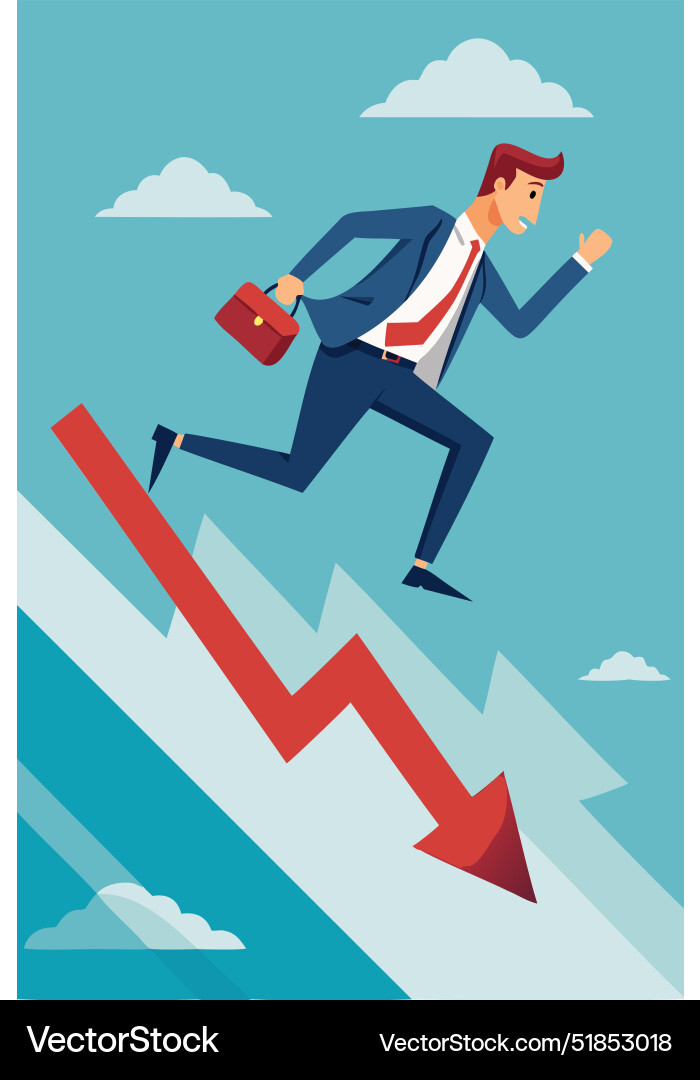 Businessman races down plummeting chart arrow Vector Image