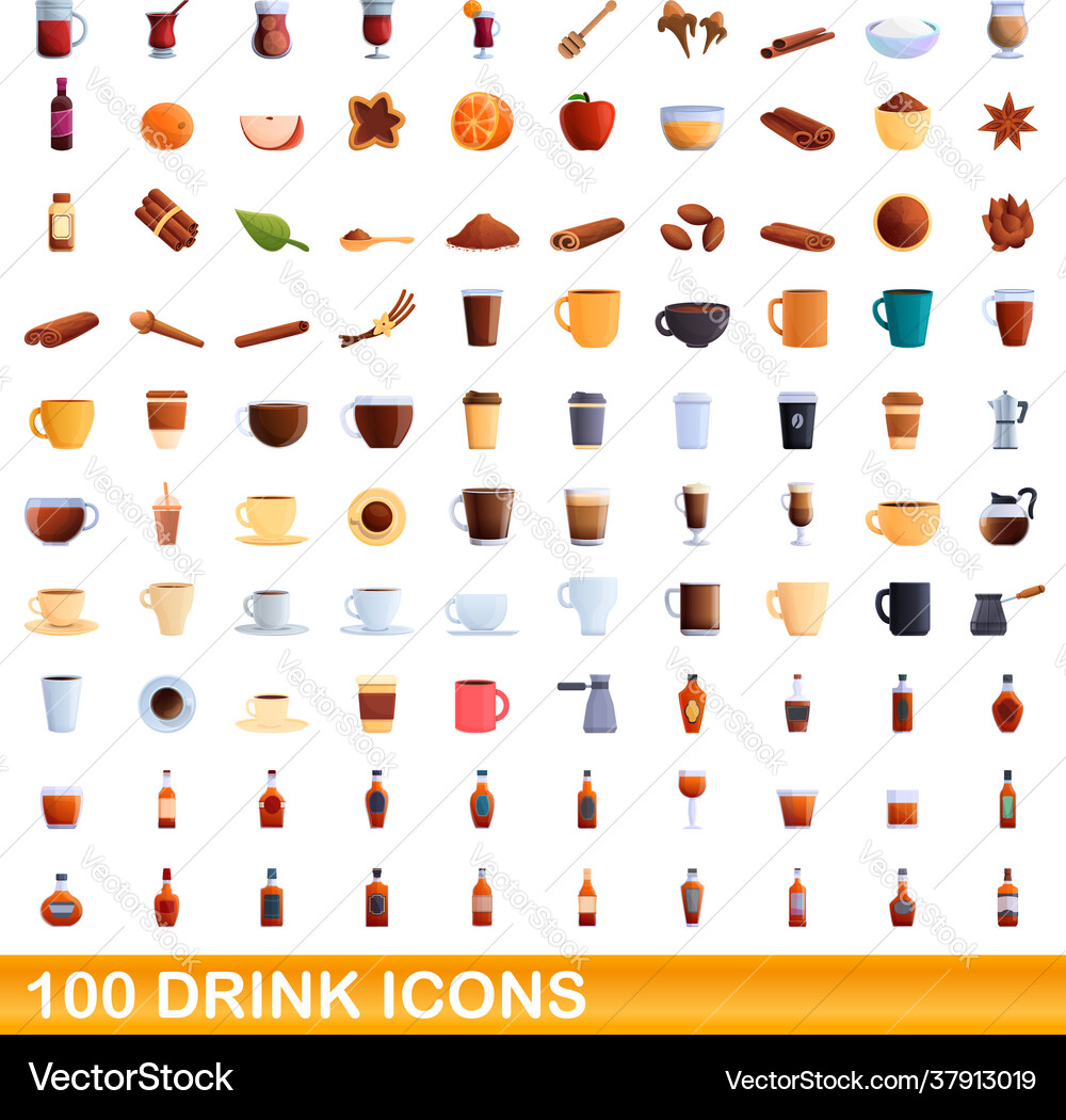 100 drink icons set cartoon style Royalty Free Vector Image