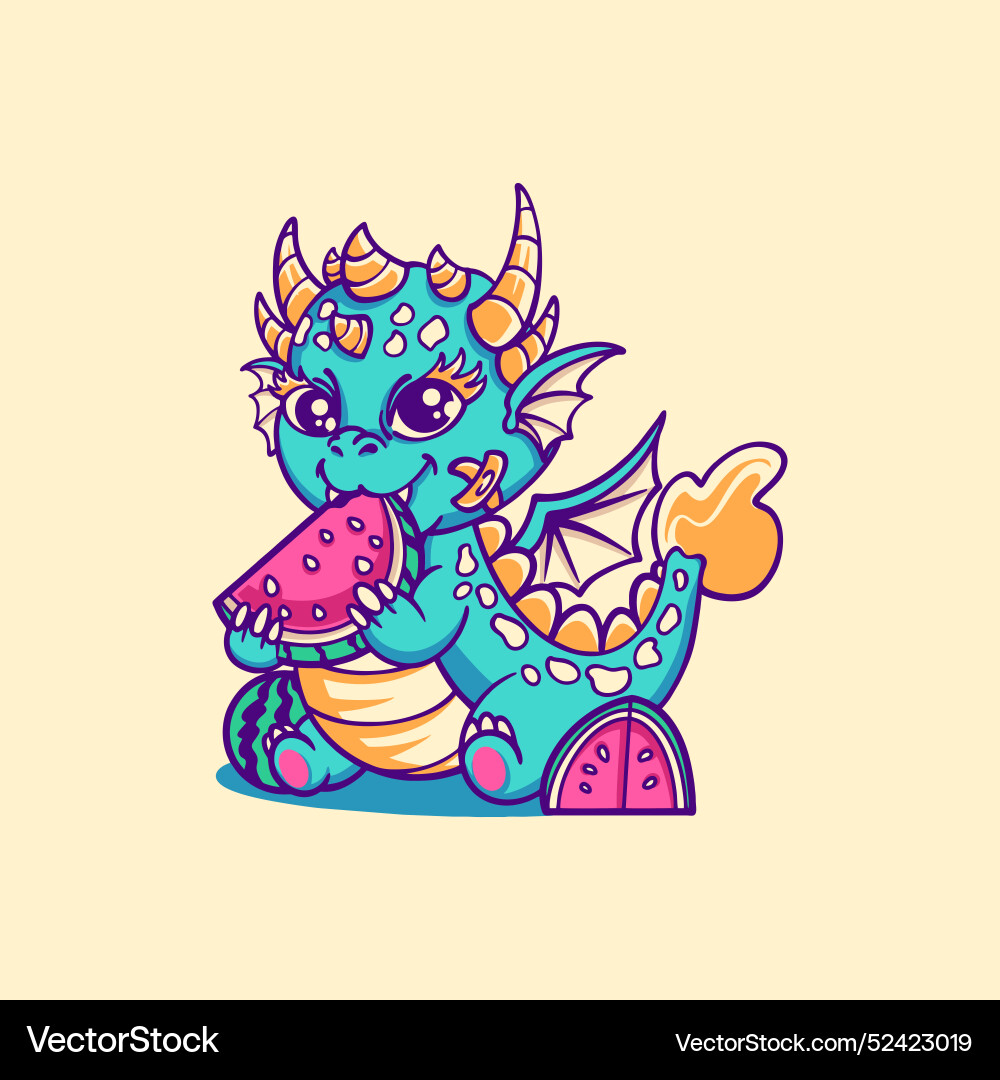 Baby dragon is eating watermelon Royalty Free Vector Image