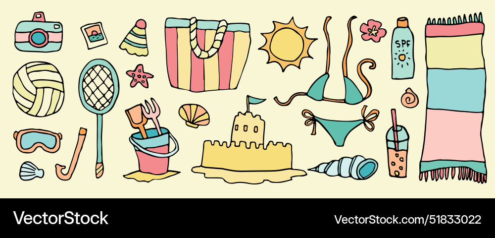Doodle beach vacation set cute sea party Vector Image