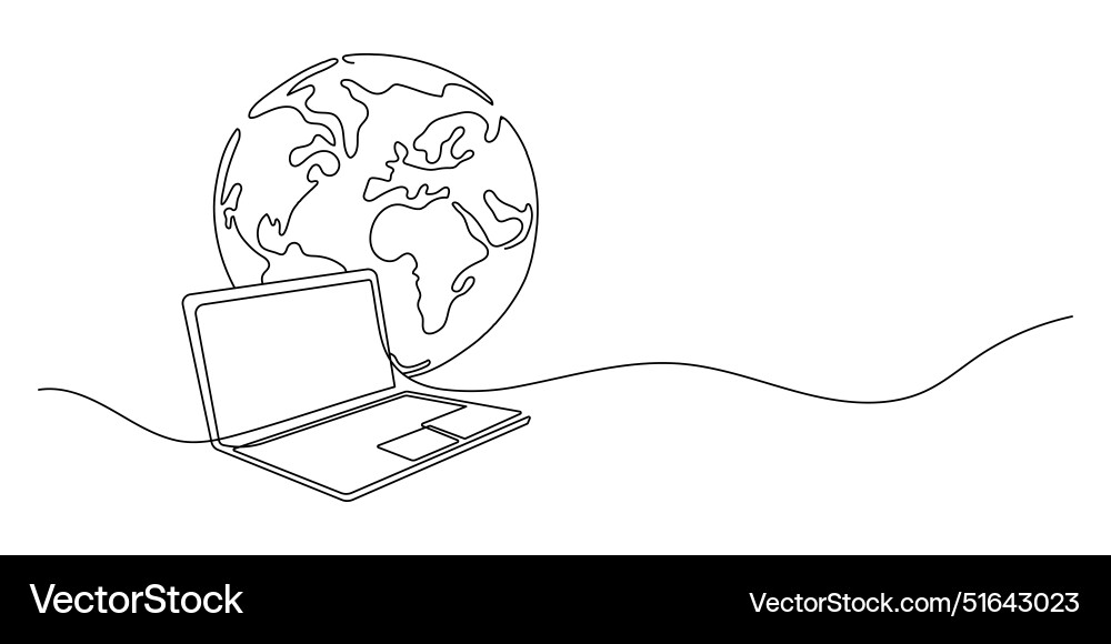 Line laptop and planet earth as a drawing Vector Image