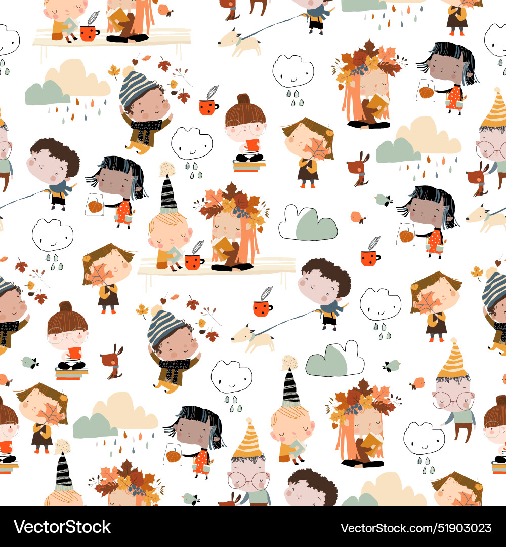 Seamless pattern with happy cartoon kids enjoying Vector Image