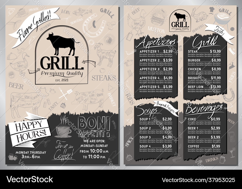 Steakhouse grill menu template - a4 card Vector Image