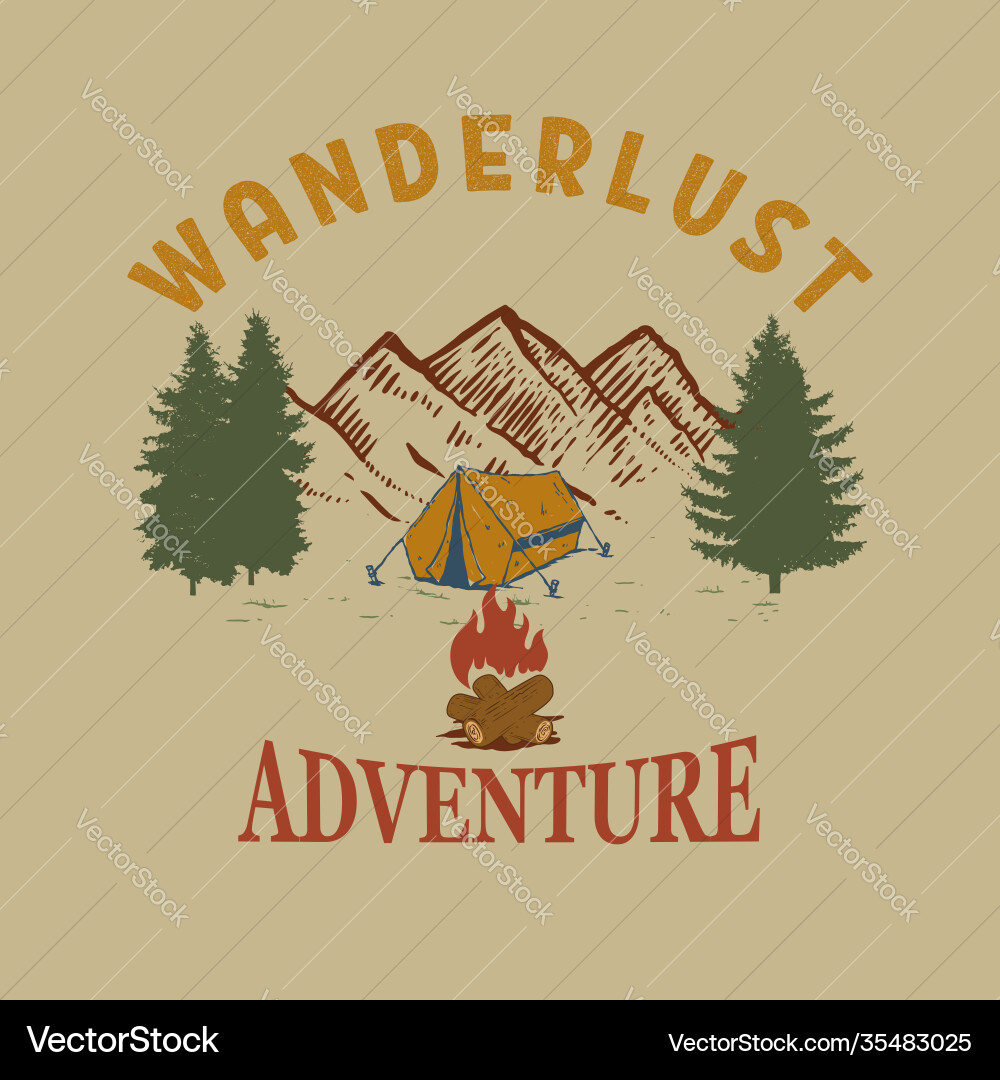 Wanderlust mountains with campfire design element Vector Image