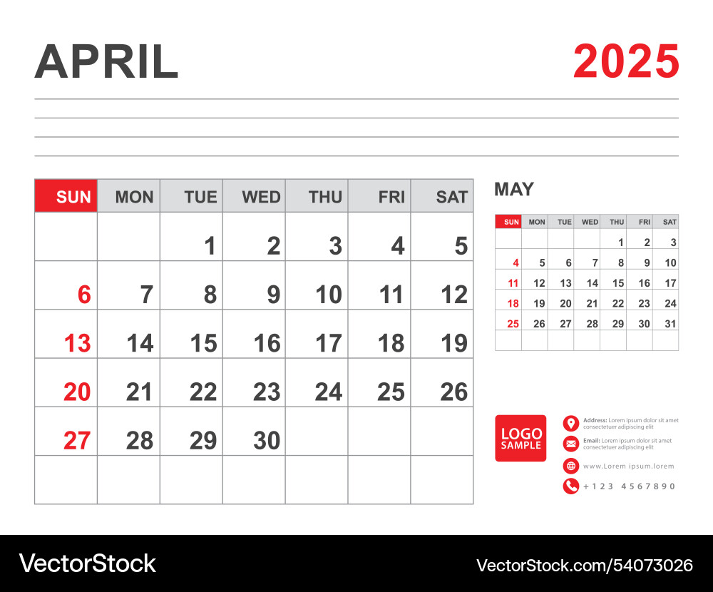 April 2025 layout calendar template Royalty Free Vector