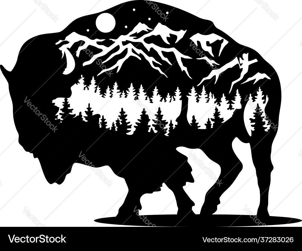Bison wildlife stencils - forest landscape Vector Image