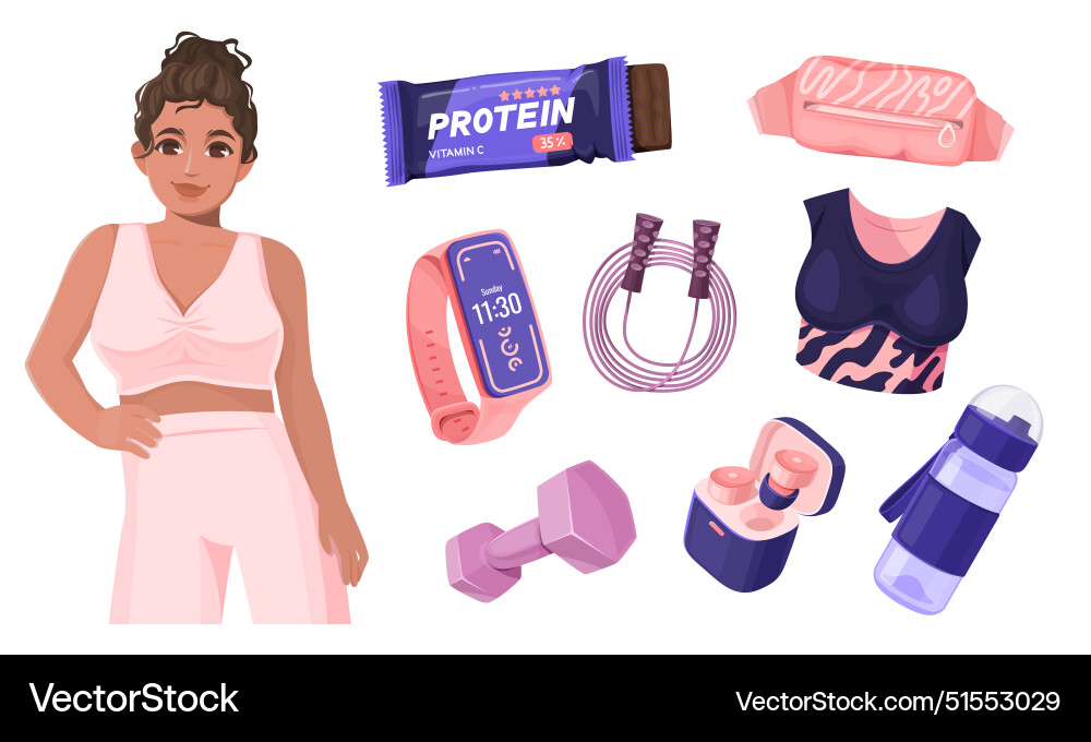 Fitness essentials and active woman Royalty Free Vector