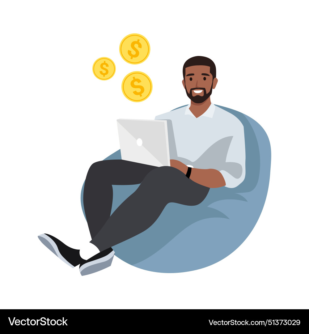 Happy Man Working On A Laptop Computer While Vector Image