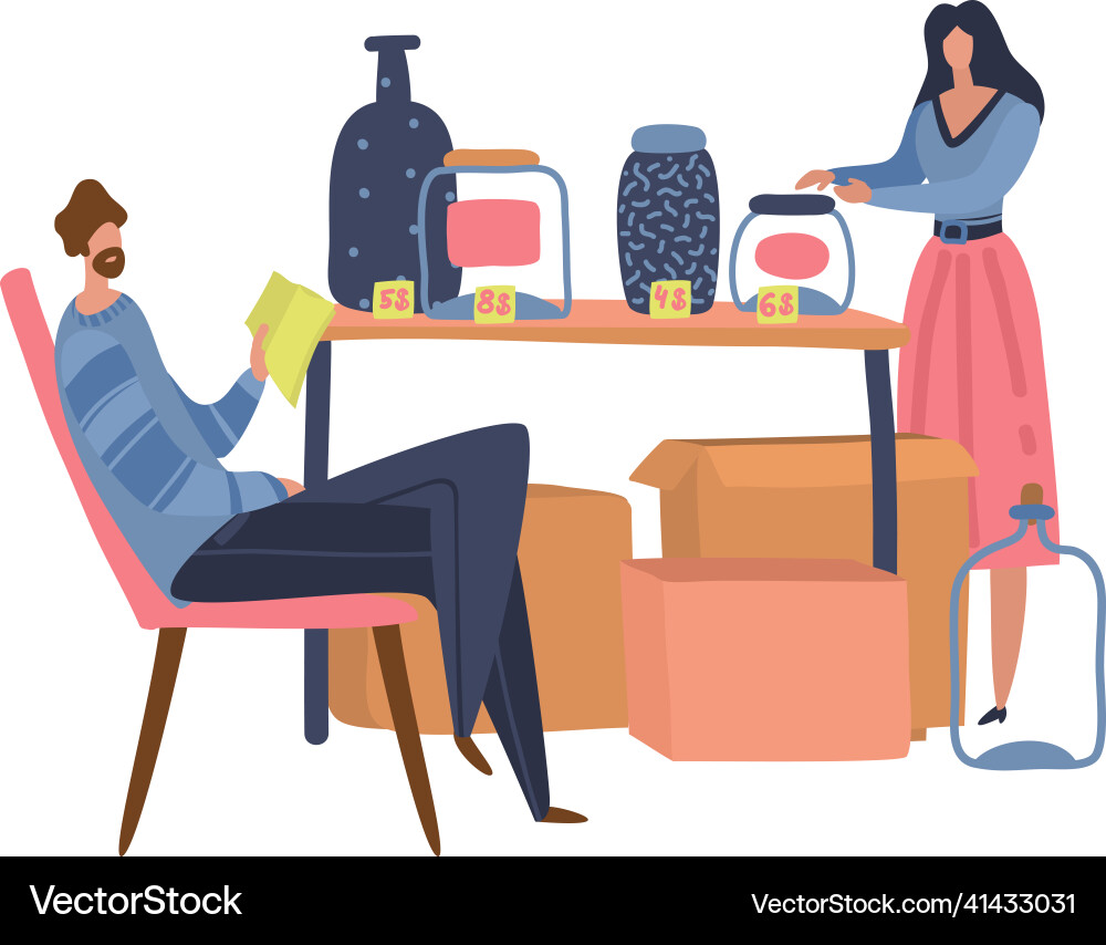 Man trading vintage stuff on swap meet Royalty Free Vector